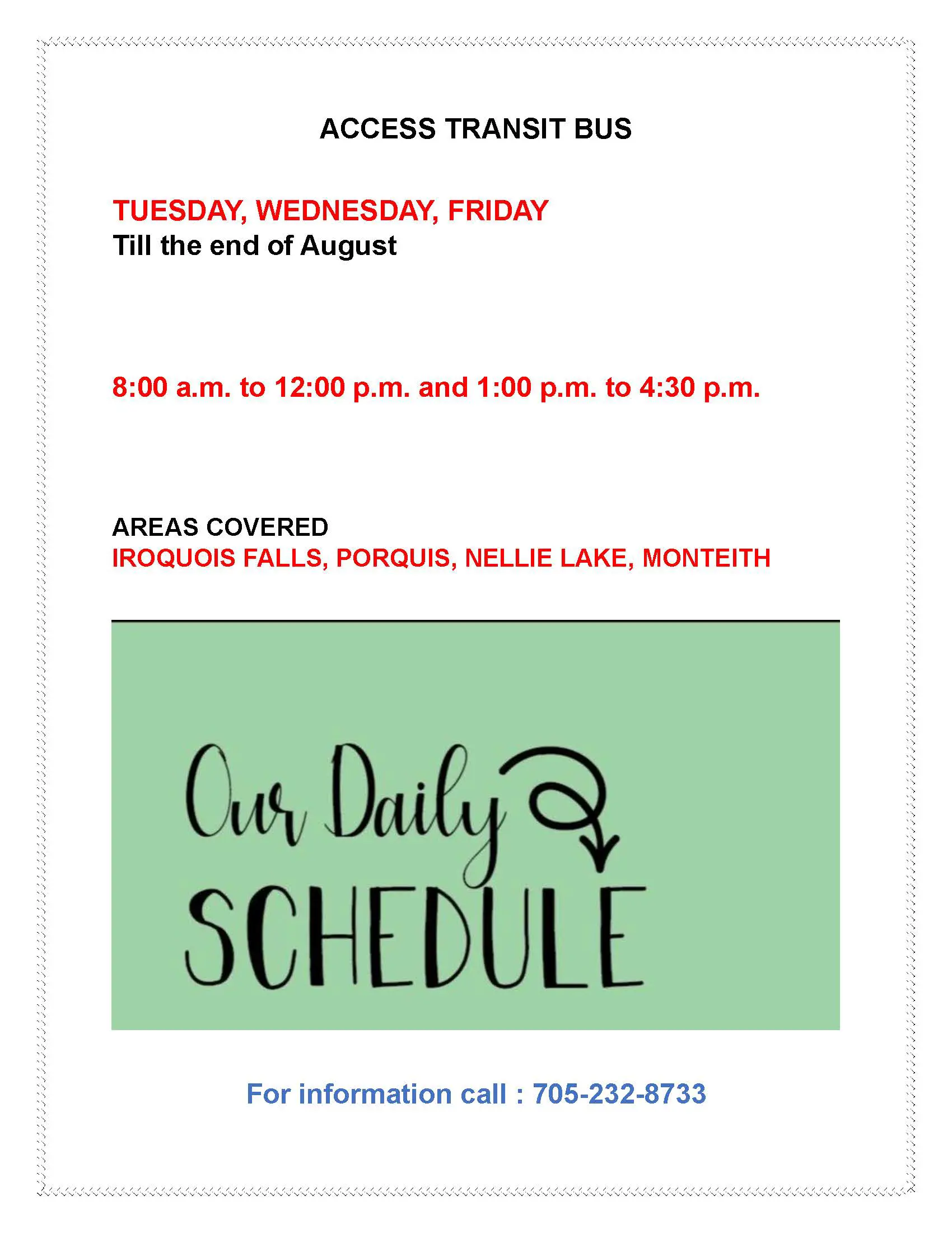 Access Transit Bus Schedule | Town of Iroquois Falls