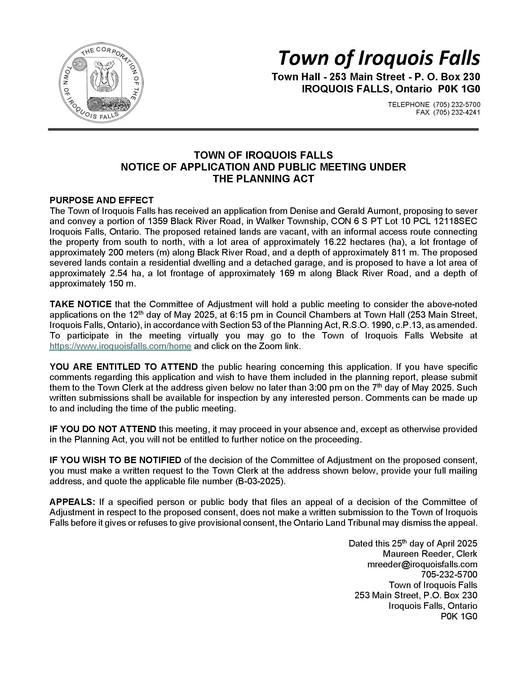 Notice of Application for Consent - B-03-25 | Town of Iroquois Falls