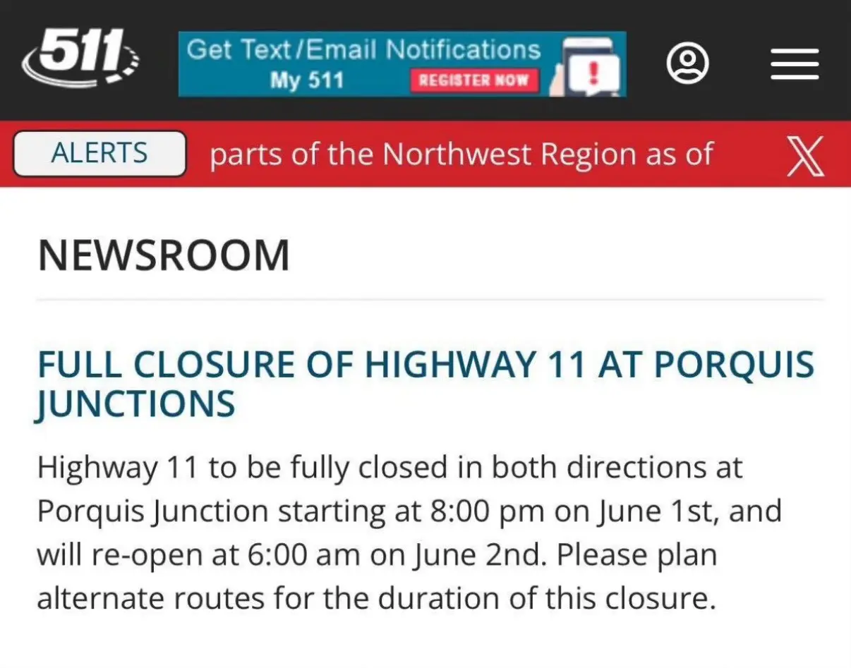 511 Ontario - Notice of Highway 11 Closure | Town of Iroquois Falls