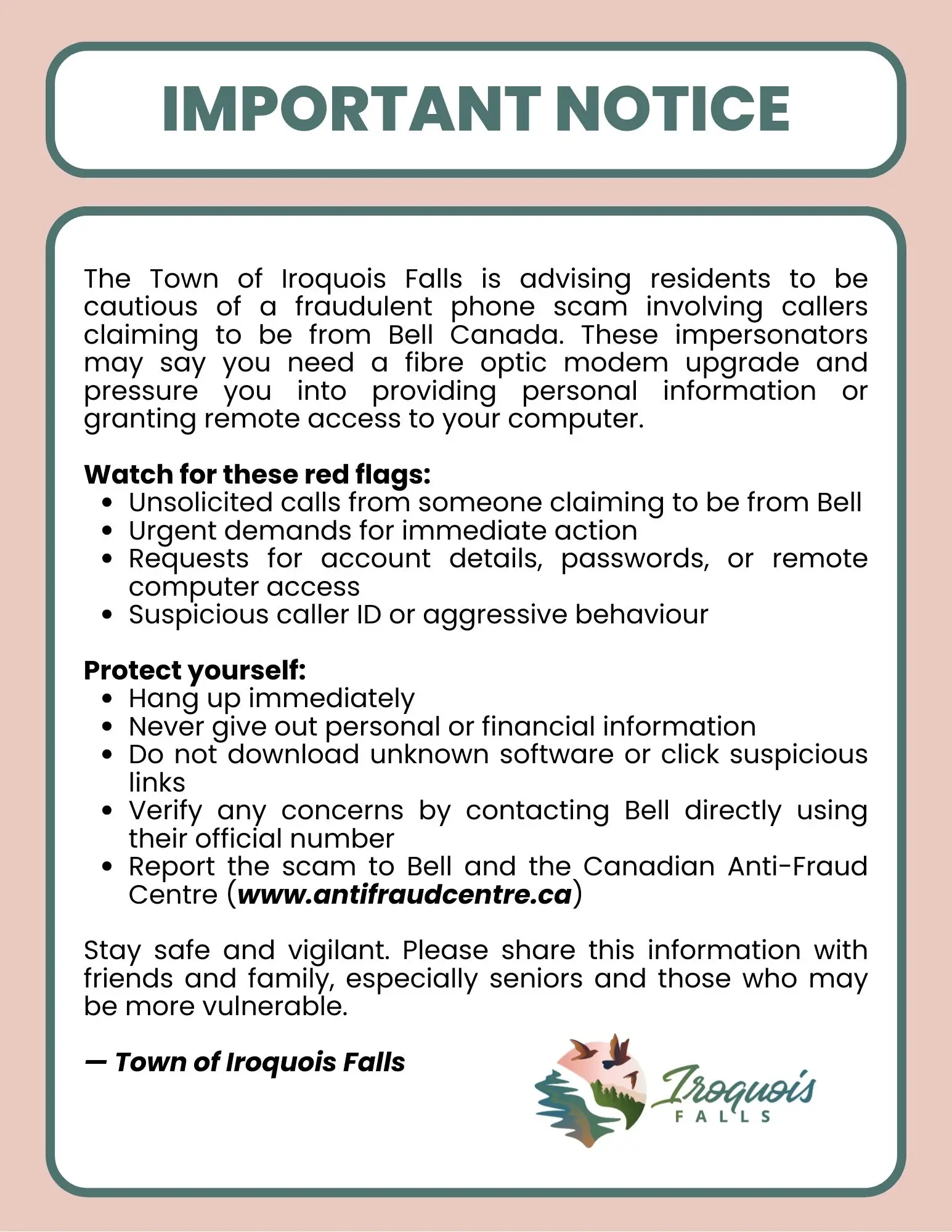 Important Notice - Bell Fibre Fraudulent Phone Scam | Town of Iroquois ...