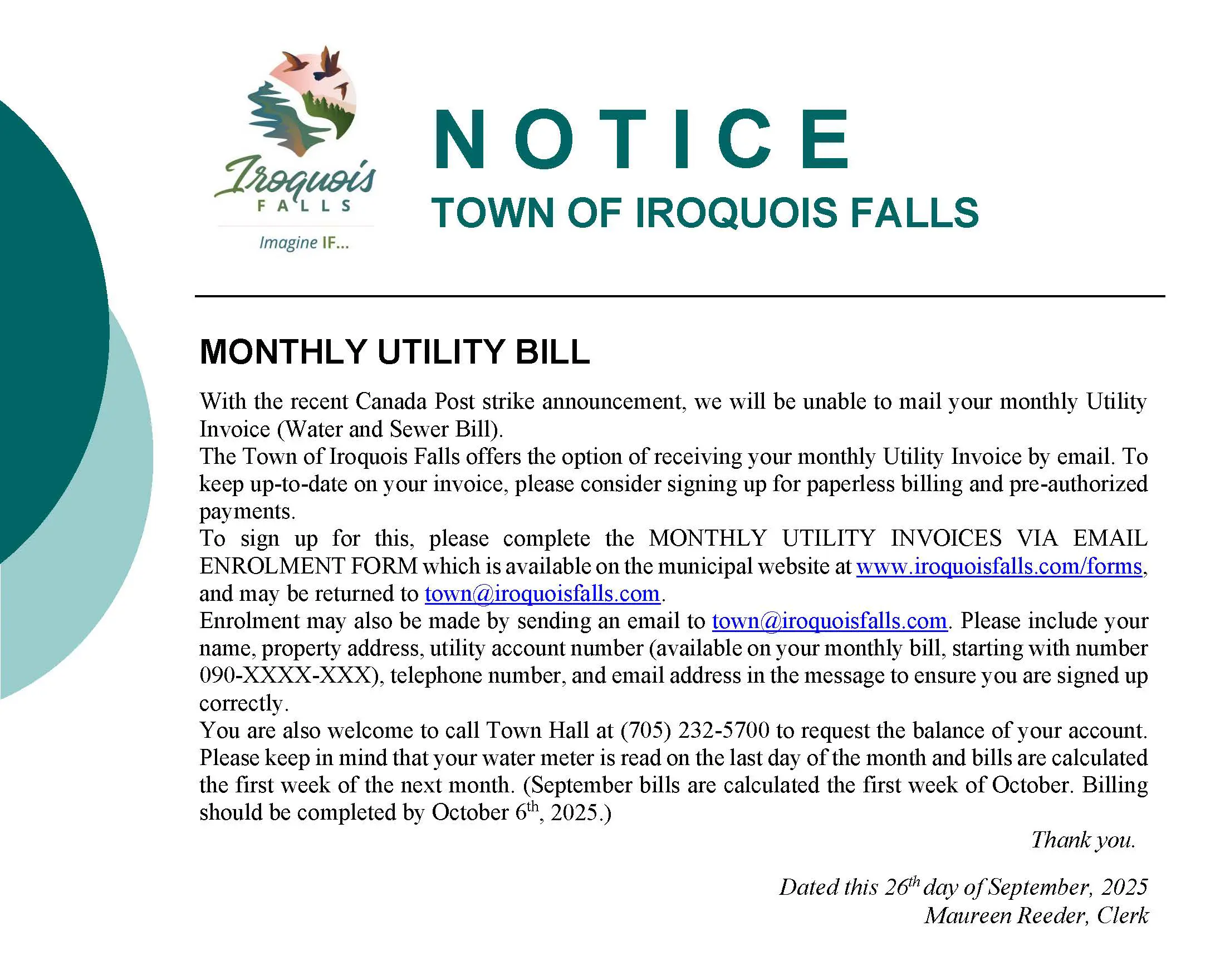 Canada Post Strike - Utility Bill Notice | Town of Iroquois Falls