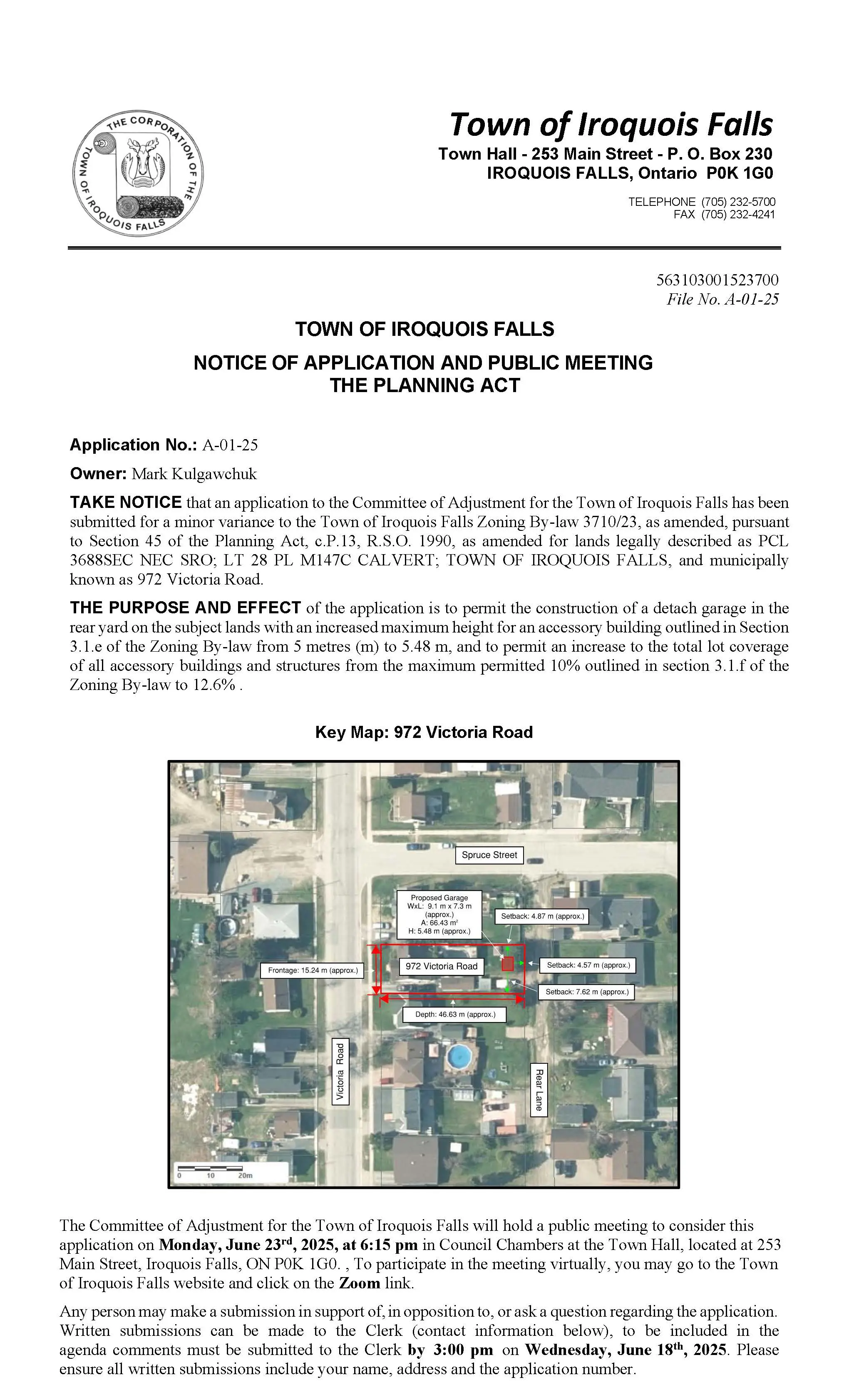 Notice of Application for Minor Variance - A-01-25 | Town of Iroquois Falls