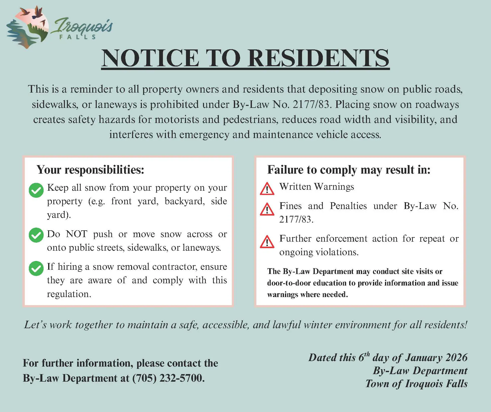 Notice to Residents - Snow Dumping Prohibited | Town of Iroquois Falls